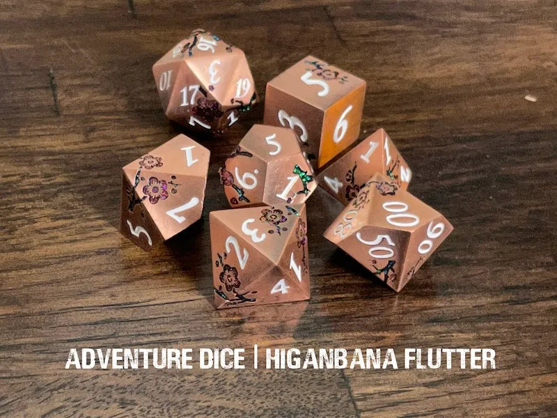 401 Games Canada - Adventure Dice - 7 Piece Set - Metal - Higanbana Flutter